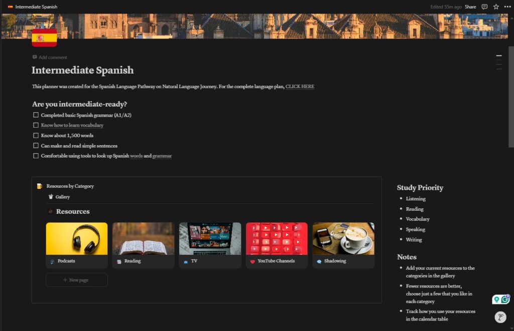 How to Create a Spanish Study Plan with Notion - Natural Language Journey X